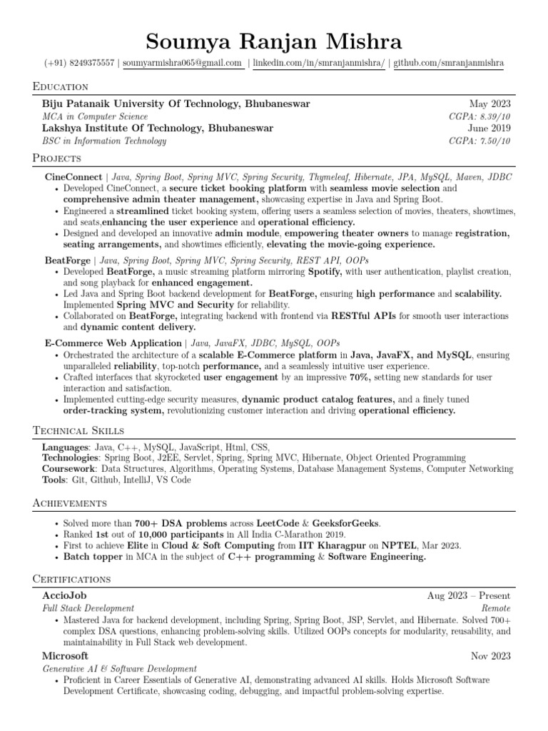 Soumya Ranjan Mishra's Resume | PDF | Java (Programming Language) | Computer Programming