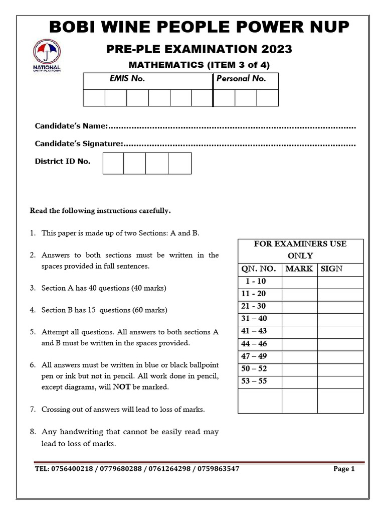 Bobi Wine People Power Nup 2023 p.7 Mathematics | PDF | Mathematics