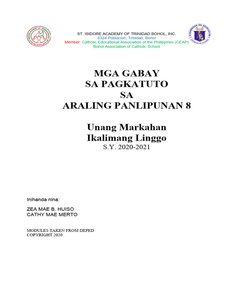 Mga Gabay Sa Pagkatuto SA Araling Panlipunan 8 Unang Markahan Ikalimang Linggo | PDF