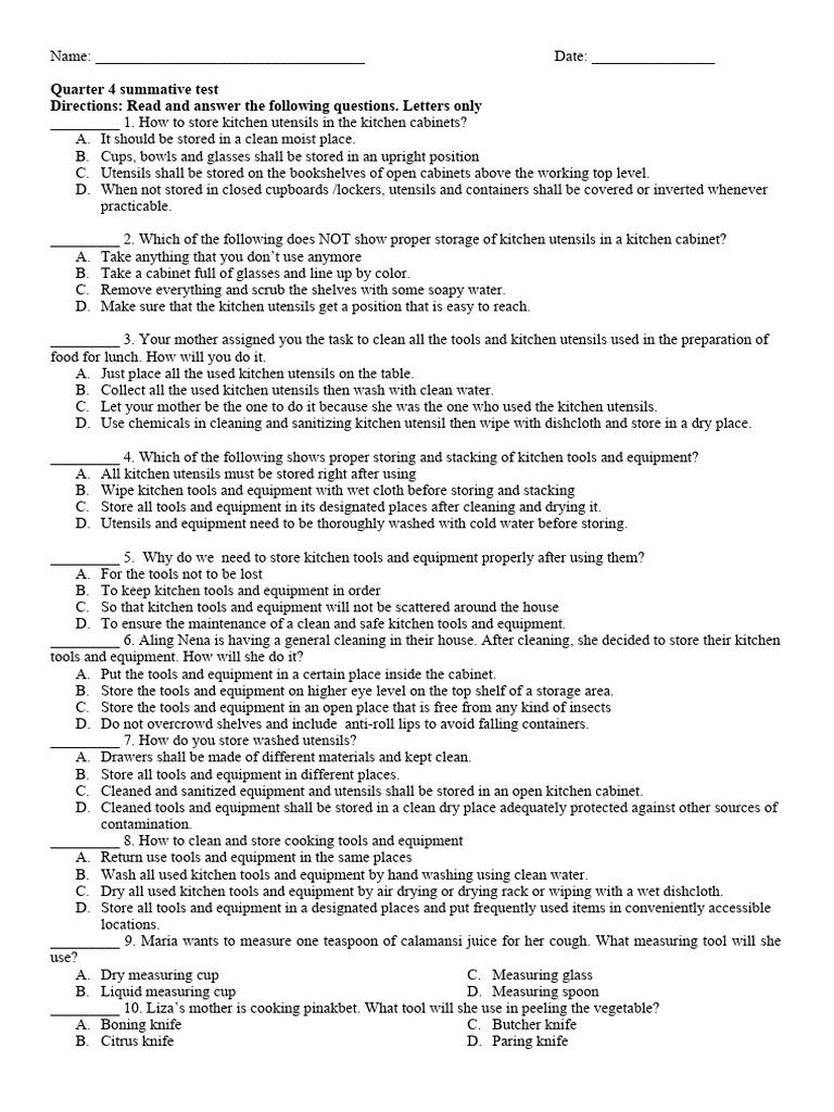 Cooker g7 and 8 Summative Test | PDF | Kitchen | Kitchen Utensil