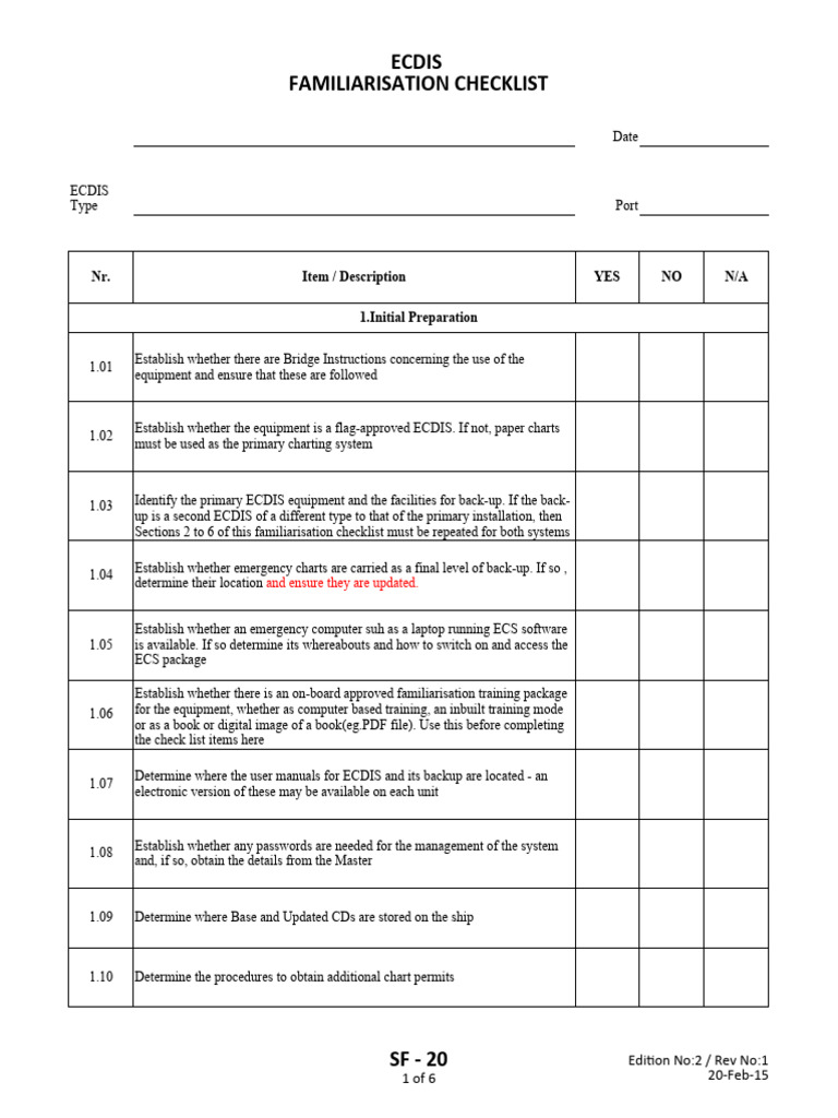 SF-20 ECDIS Familiarization Checklist | PDF | Software | Computing