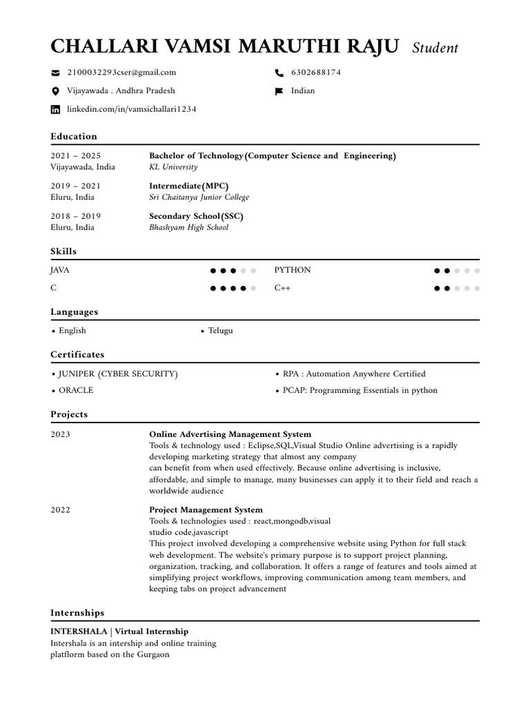 Challari-Vamsi-maruthi-raju Resume Main (KL University) | PDF | Computers