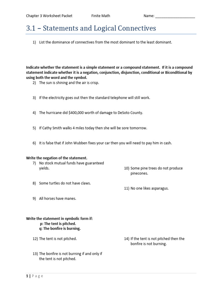 Chapter 3 Worksheet Packet | PDF | If And Only If | Metalogic