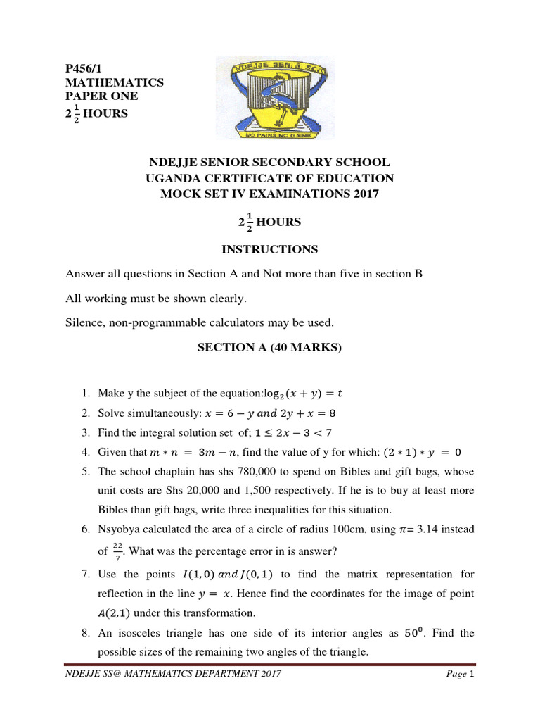 S4uce Mathematics Mock Ndejje SSS Question Paper With Marking Guide ...