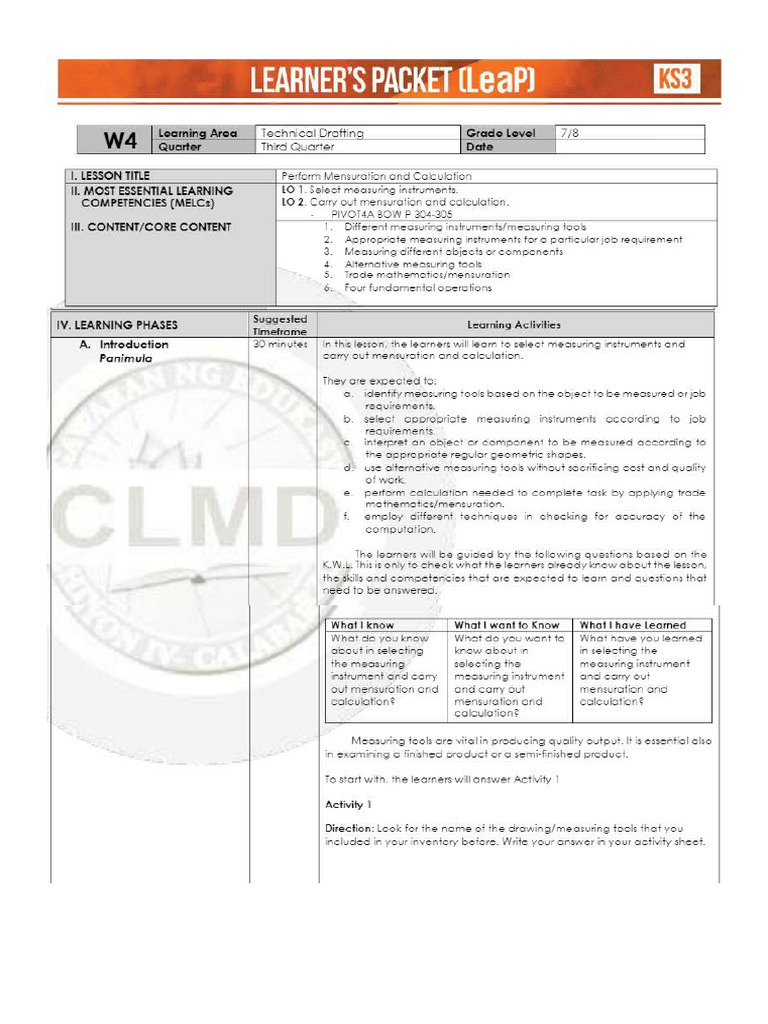 Lesson Plan Technical Drafting Exemplar Perform Mensuration and Calculation | PDF