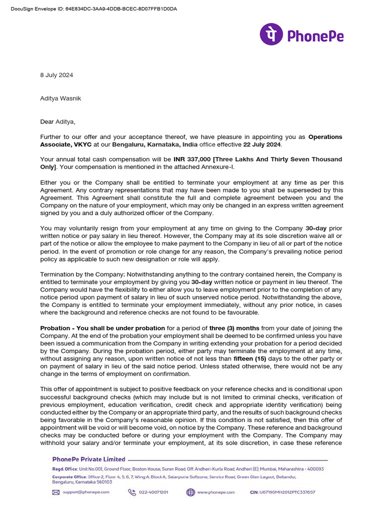 Congratulations Aditya Wasnik - Offer Letter | PDF | Patent | Employment