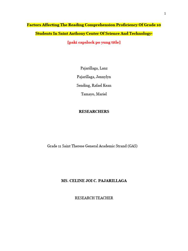 Factors Affecting The Reading Comprehension Proficiency Of Grade 10 ...