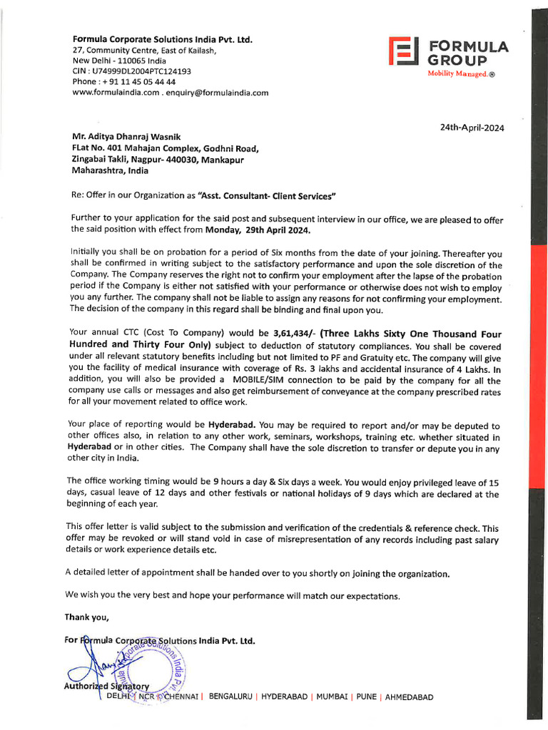Offer Letter - Aditya Dhanraj Wasnik | PDF
