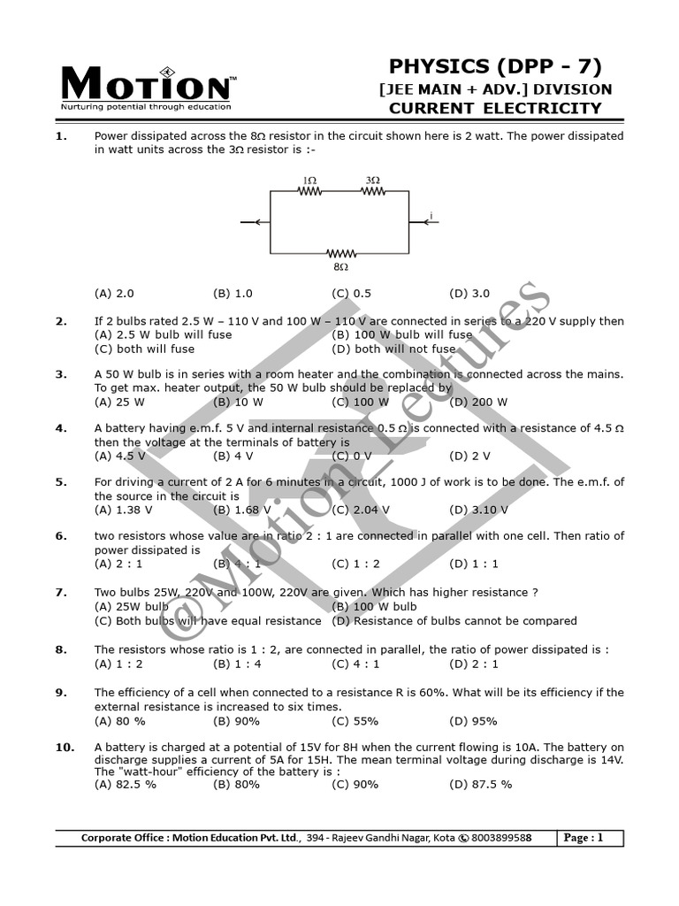 DPP-7 Current Ques. @motion Lectures | PDF | Series And Parallel Circuits | Electrical ...