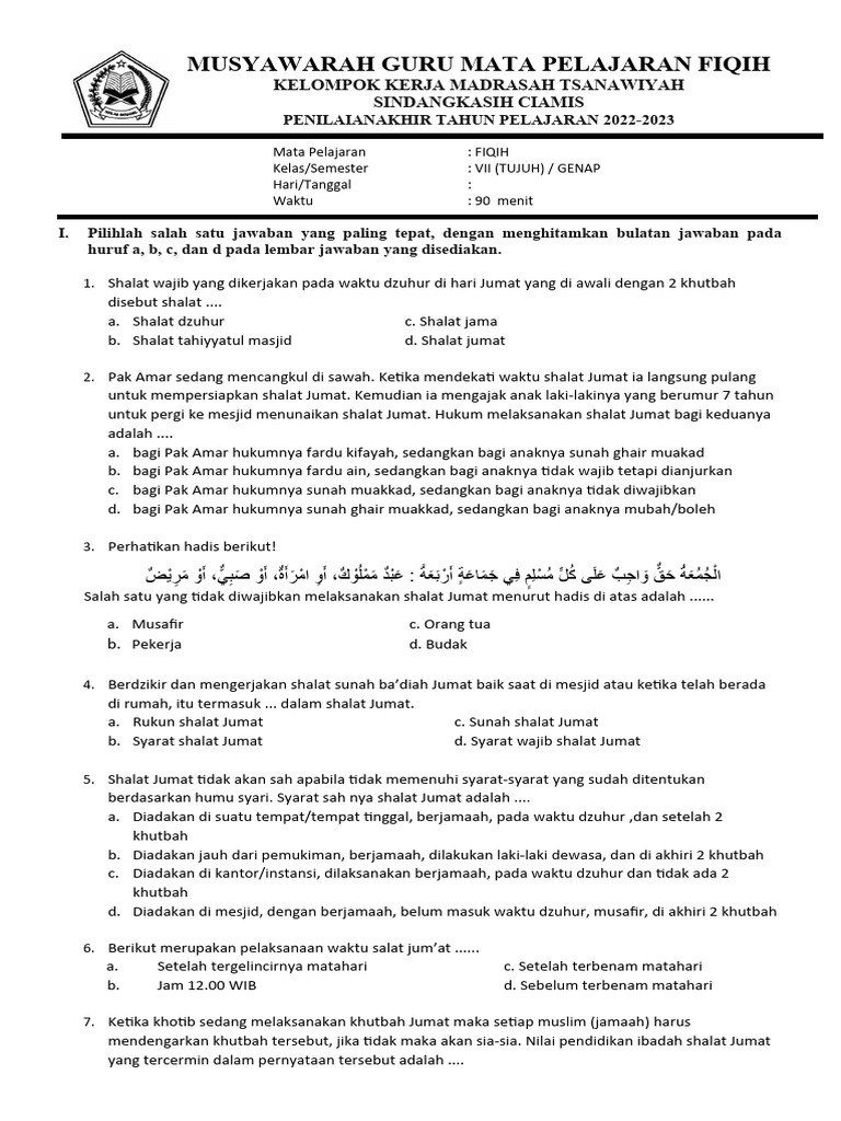 SOAL PAT FIQIH KELAS 7 MGMP KKM Sindangkasih 2022 Fix | PDF