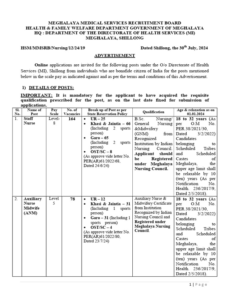 Meghalaya Nursing Recruitment 2024 | PDF | Nursing | Birth Certificate