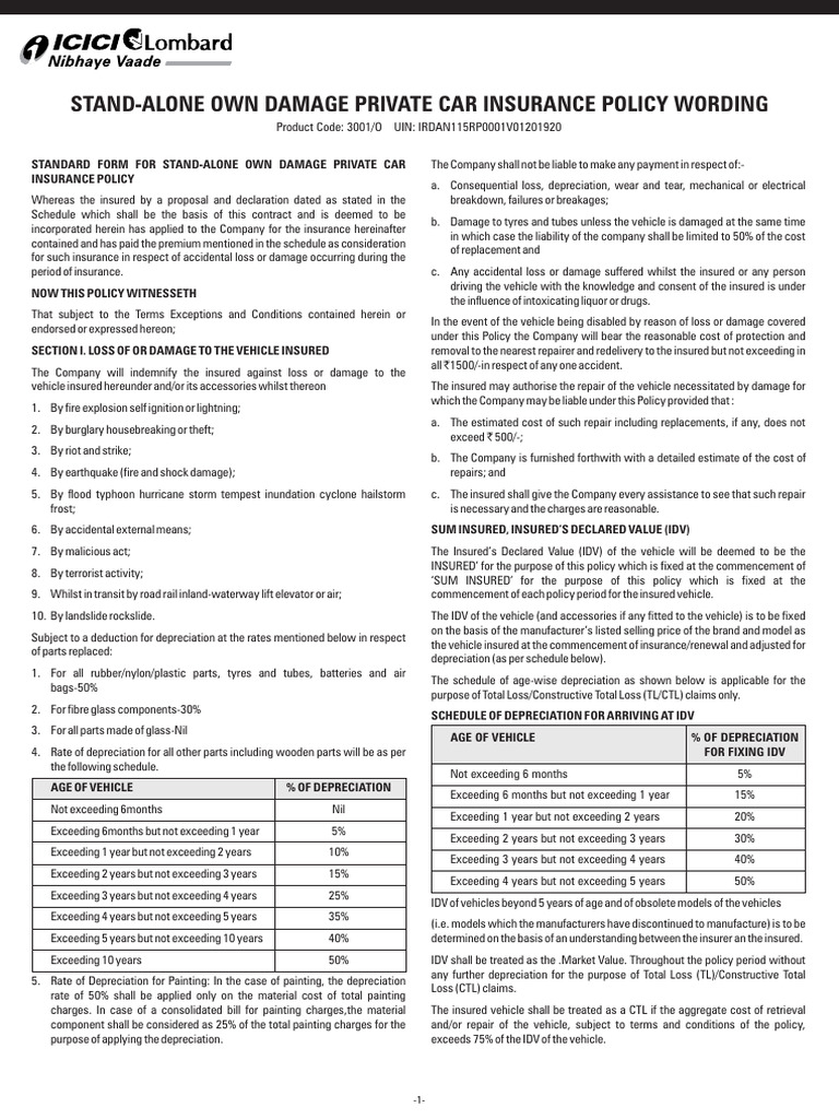 Private Car Own Damage Policy wording-ICICI Lombard | PDF | Insurance ...