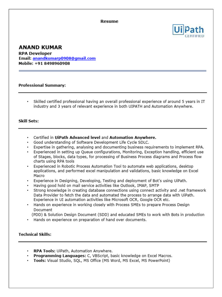 Anand_RPA Developer_Resume (1) (3) | PDF | Microsoft Excel | Automation
