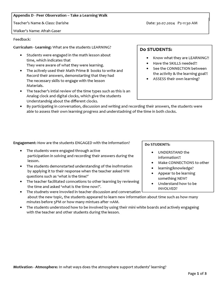 Peer Observation - Take A Learning Walk | PDF | Learning | Teachers