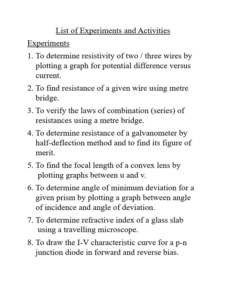 List of Experiments and Activities | PDF