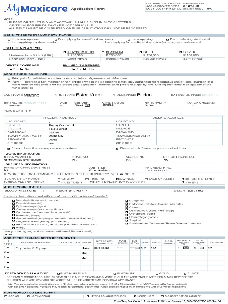 Maxicare Enrollment Application Form | PDF | Legal Liability | Kidney