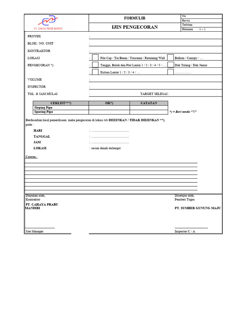 FORM Formulir Ijin Pengecoran | PDF