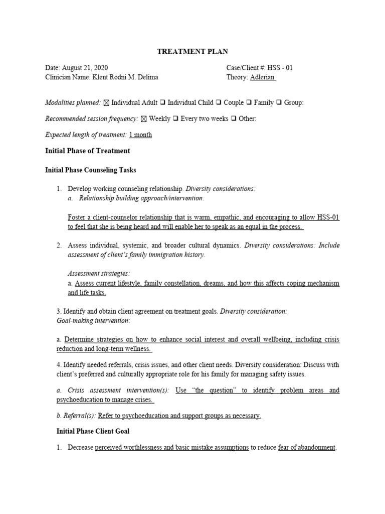 Treatment Plan Sample | PDF | Psychotherapy | Goal