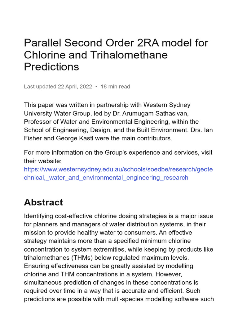 Parallel Second Order 2RA Model For Chlorine and Trihalomethane Predictions - InfoWater Pro Help ...