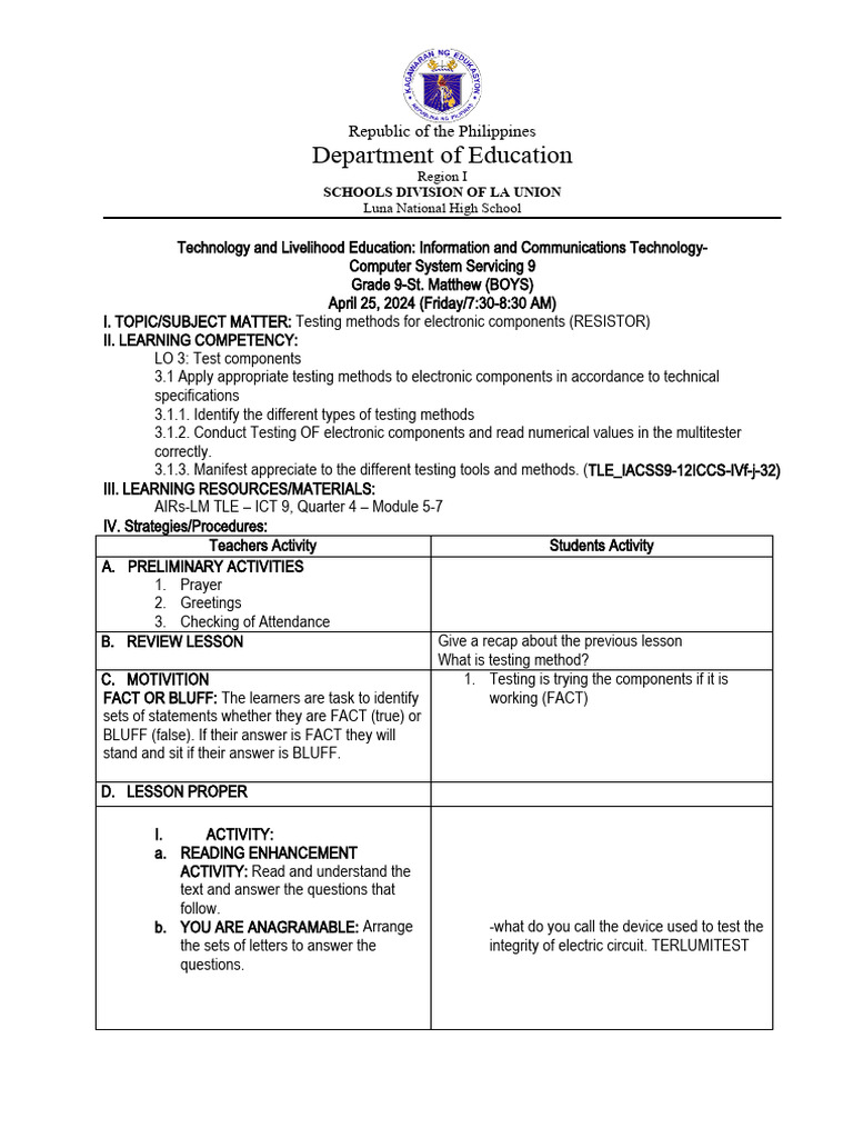 Cot 4 | PDF | Resistor | Learning