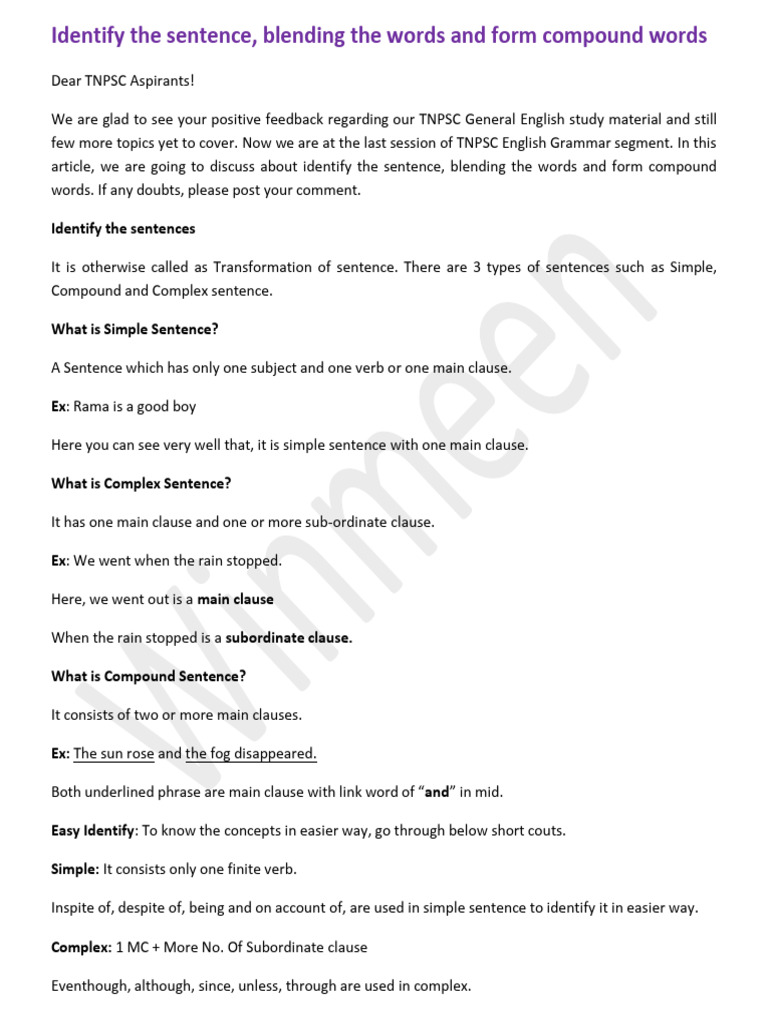 Identify The Sentence Blending The Words and Form Compound Words | PDF ...