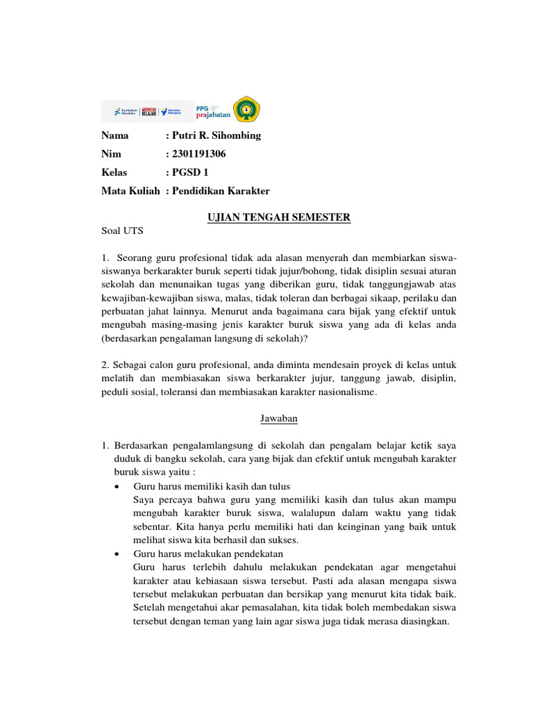 Uts Pendidikan Karakter-Putri Sihombing | PDF