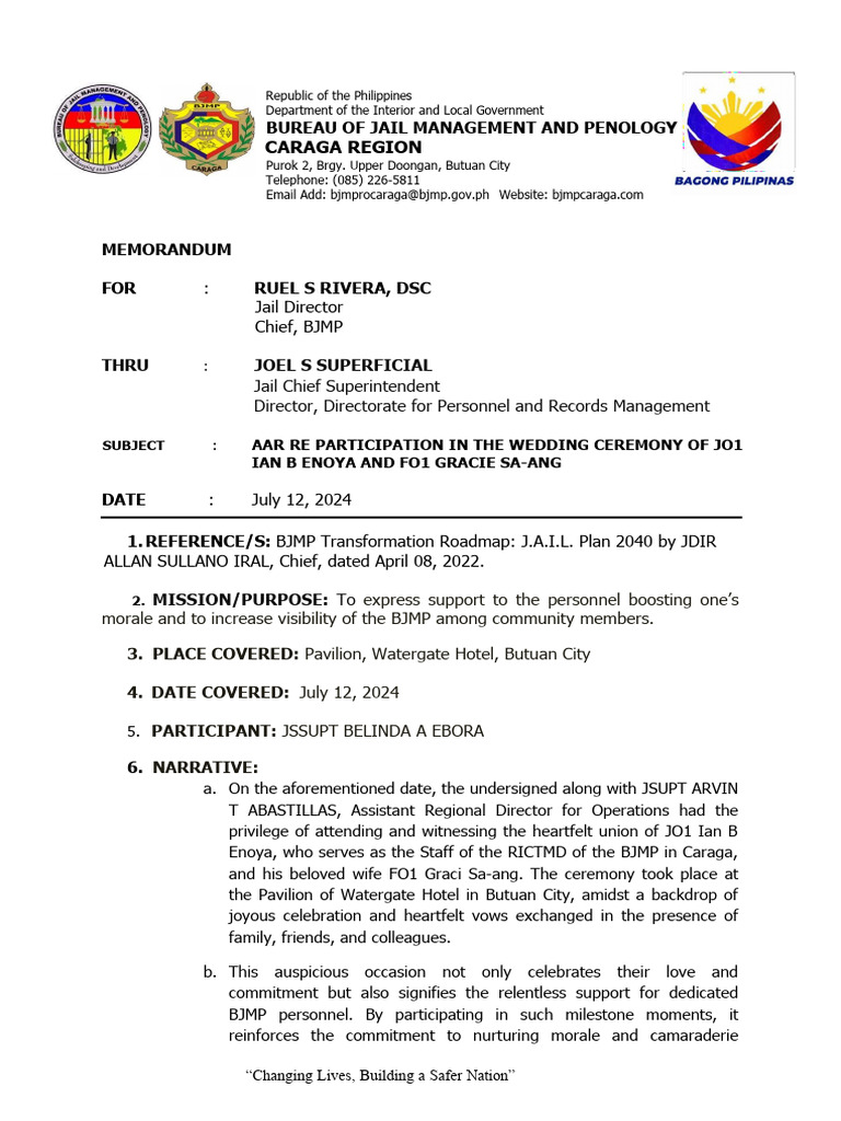 Caraga-Jssupt Ebbora's Aar Re Participation in The Wedding of Jo1 Ian B Enoya and Fo1 Gracie Sa ...