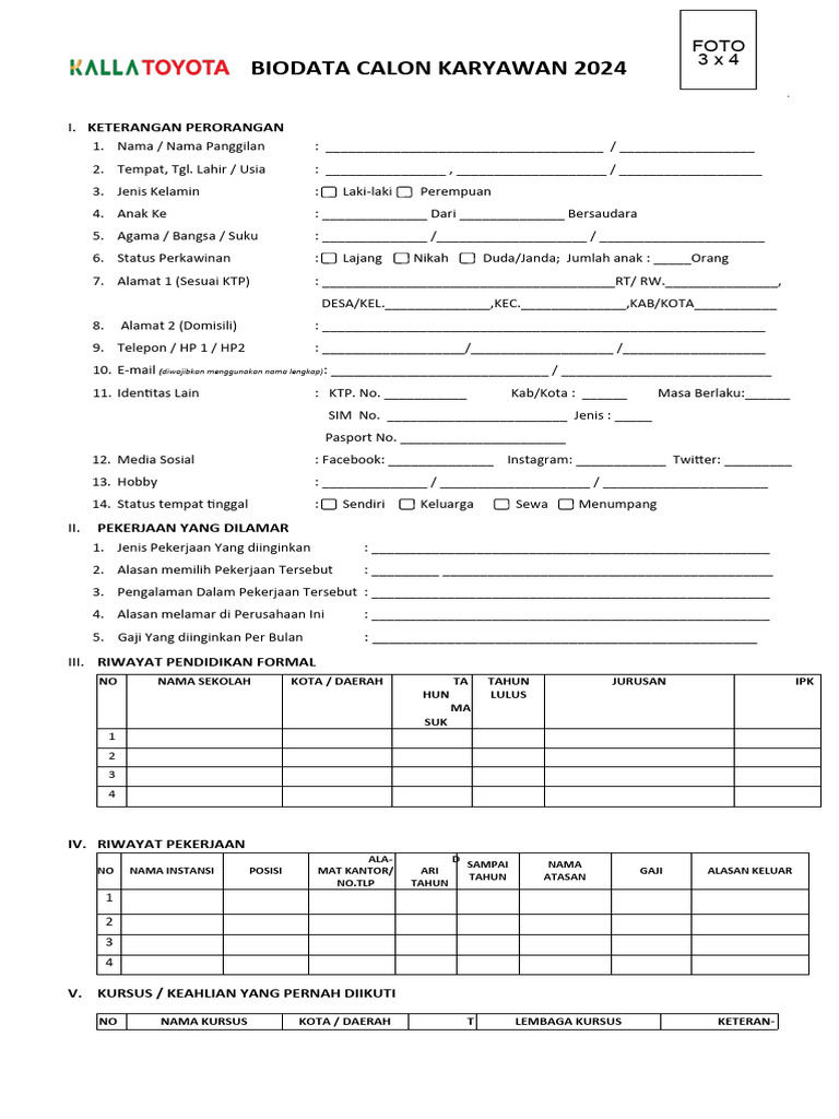Form Biodata Lamaran 2024 | PDF