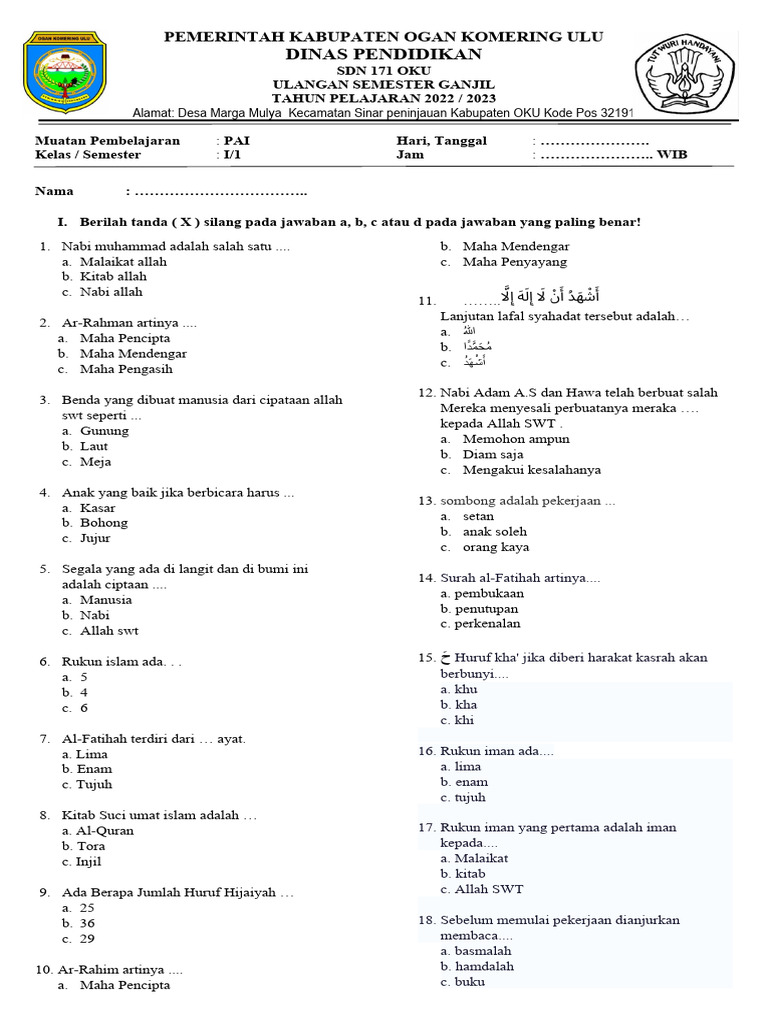 Soal Pai Kelas 1 SD Semester 1 | PDF