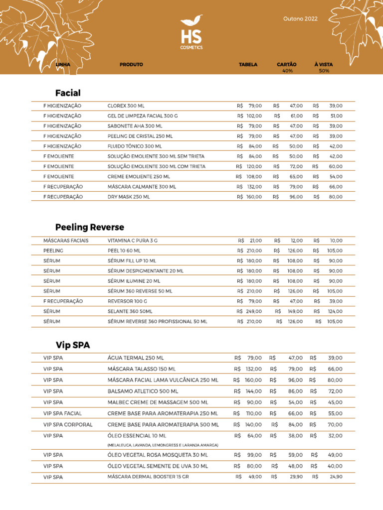 Tabela de Preço Hs Cosmetics Out22 | PDF