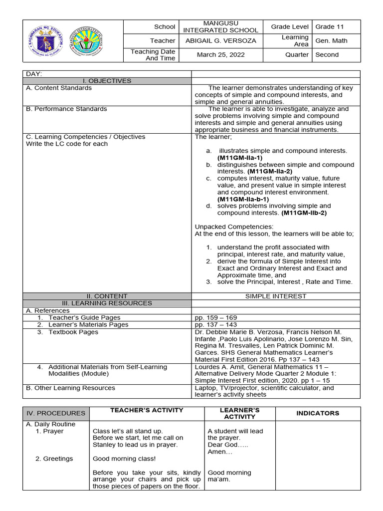 Simple Interest Lesson Plan | PDF | Interest | Learning