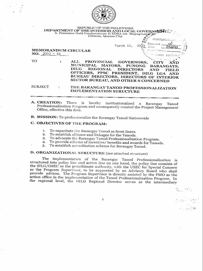 The Barangay Tanod Professionalization Implementation Structure | PDF