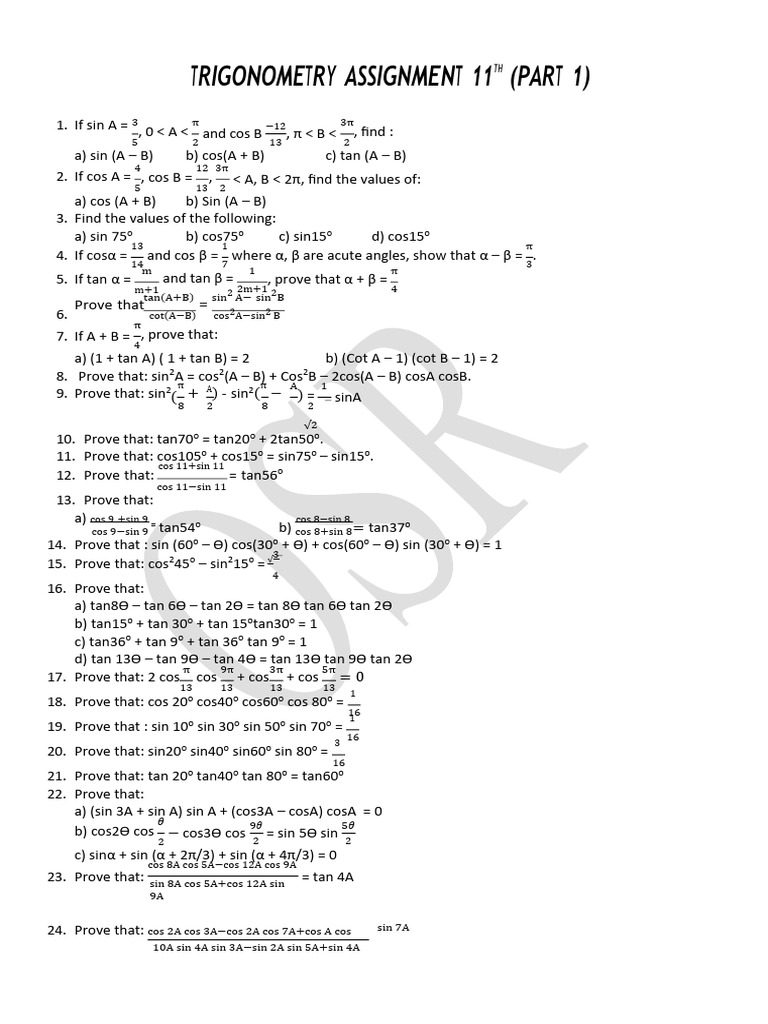 Trigonometric Functions Assignment 11th | PDF | Trigonometry | Euclidean Geometry