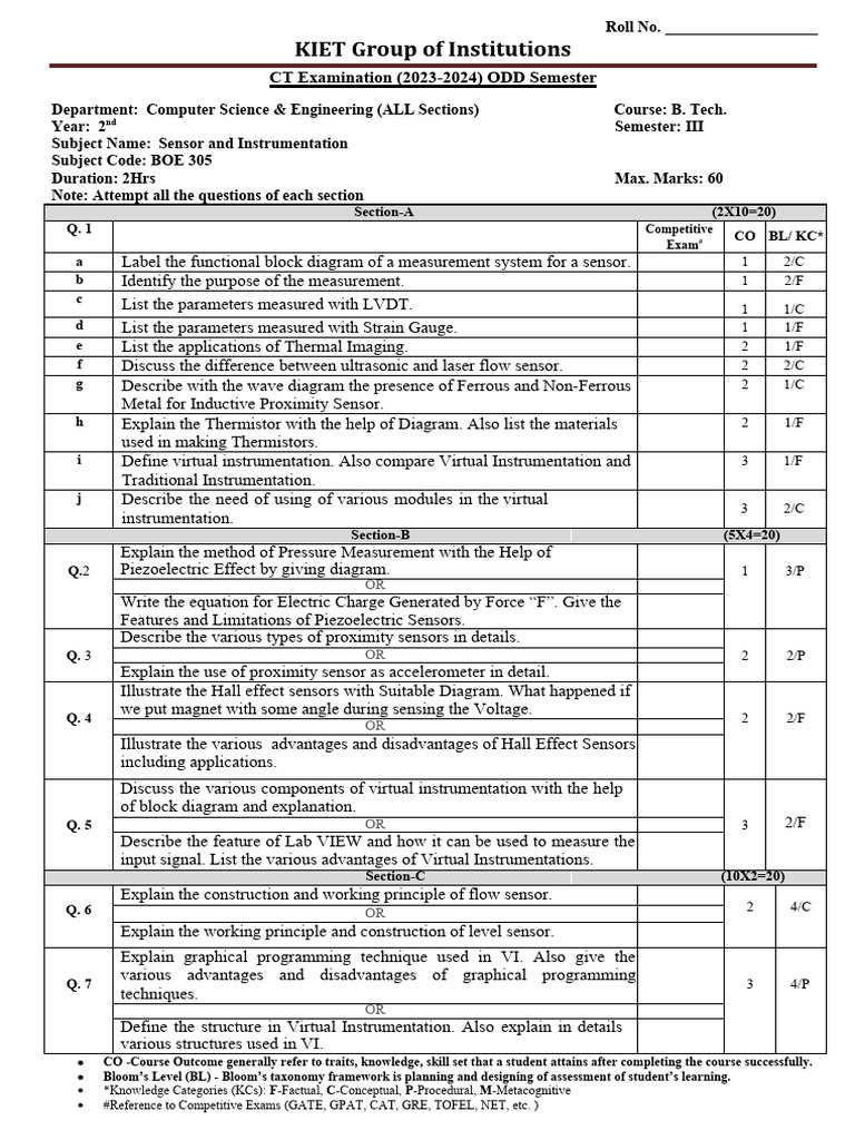 Sensor and Instrumentation CT - BOE 305 | PDF | Instrumentation | Sensor