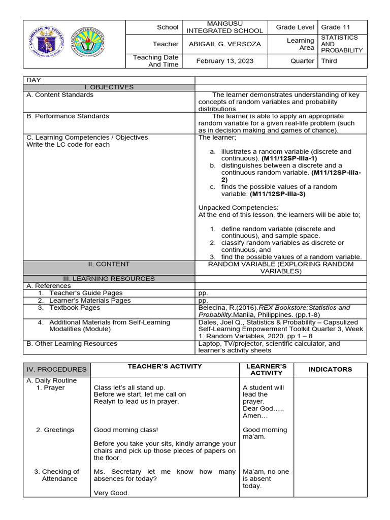 Lesson Plan (CO 1) Random Variable | PDF | Random Variable | Learning
