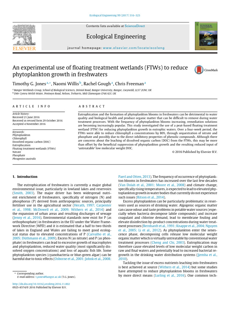 L 3 An Experimental Use Of Floating Treatment Wetlands Ftws To Reduce Phytoplankton Growth