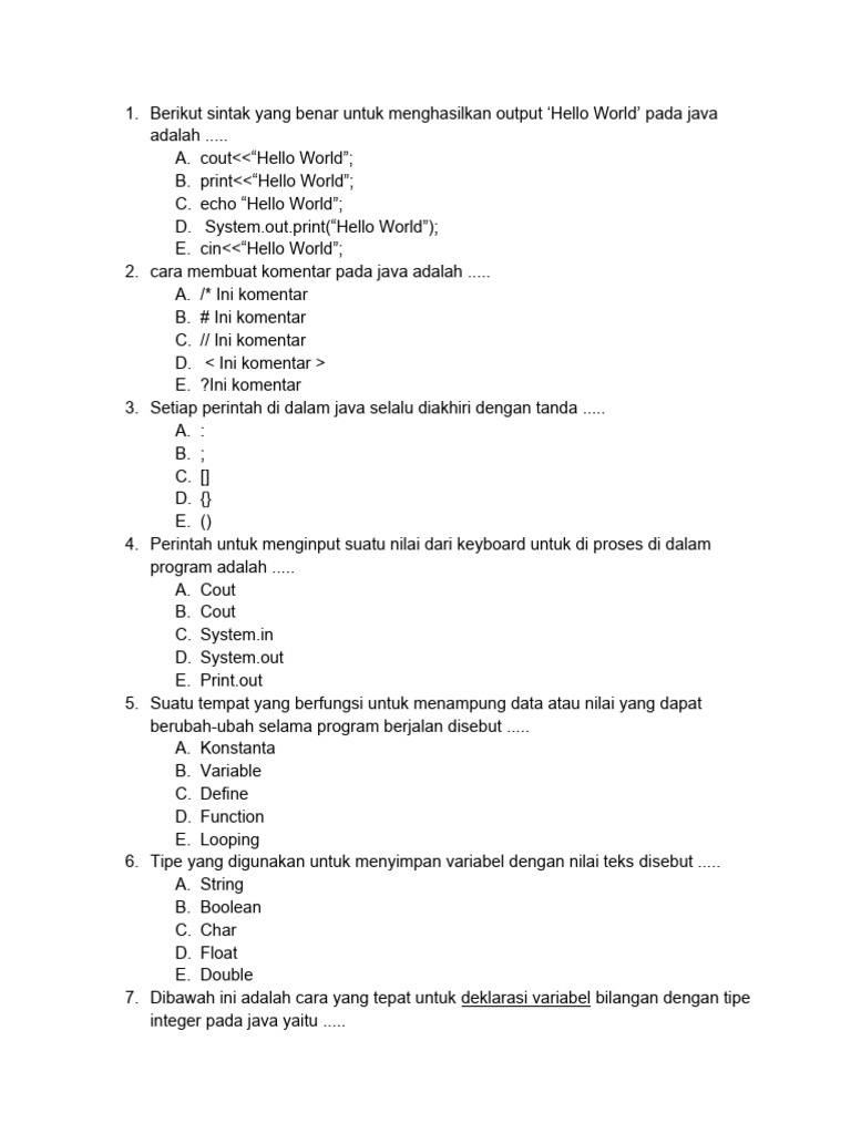 Kuis Dasar Pemrograman Java | PDF | Metode & Bahan Ajar
