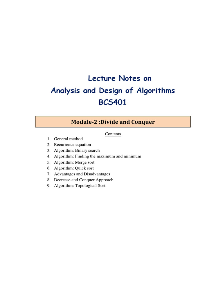 BCS401 Module 2: Divide and Conquer | PDF | Algorithms And Data Structures | Algorithms