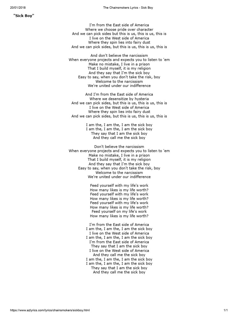 Sick Boy Lyrics by The Chainsmokers | PDF