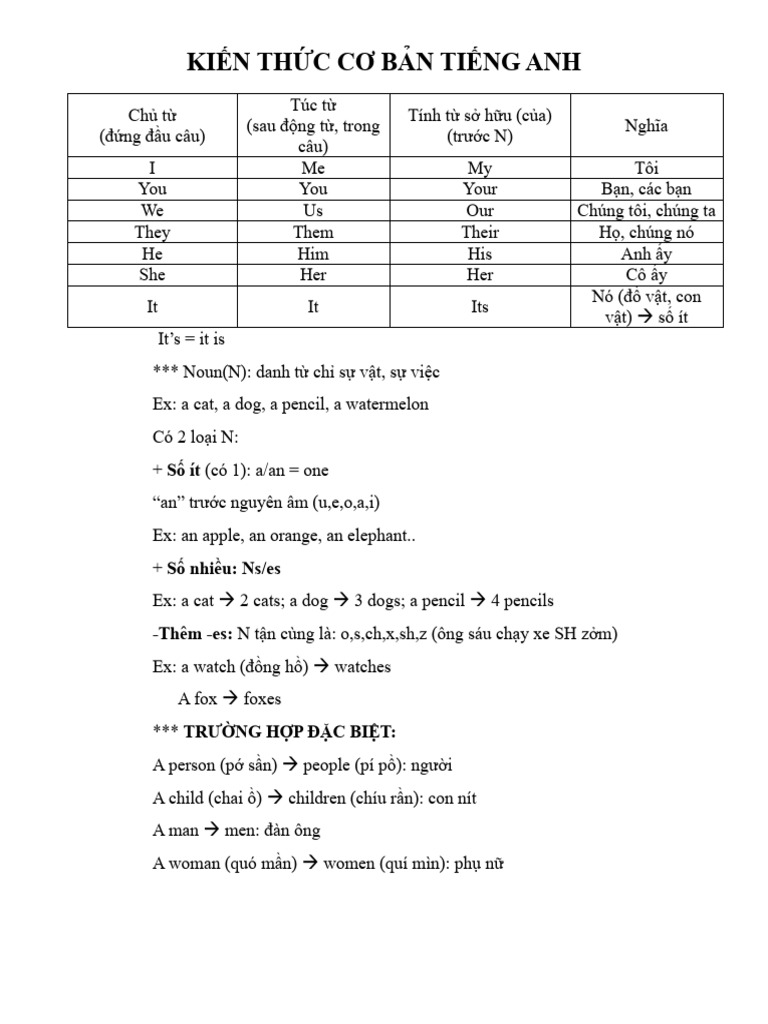 Kiến Thức Cơ Bản Tiếng Anh: -Thêm -es: N tận cùng là: o,s,ch,x,sh,z (ông sáu chạy xe SH zởm) | PDF
