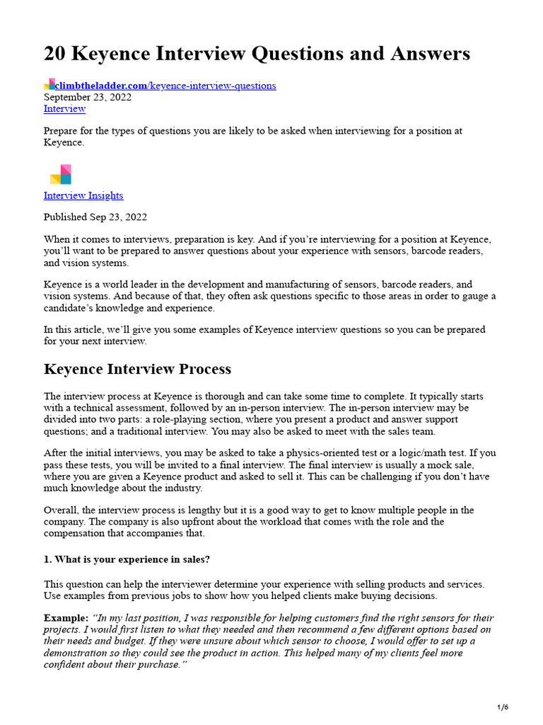 20 Keyence Interview Questions and Answers | PDF | Experience | Goal