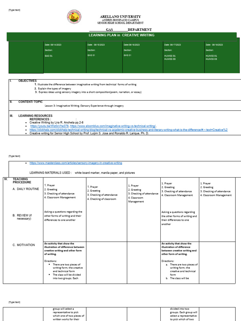 Imaginative Writing Lesson Plan | PDF | Senses | Somatosensory System