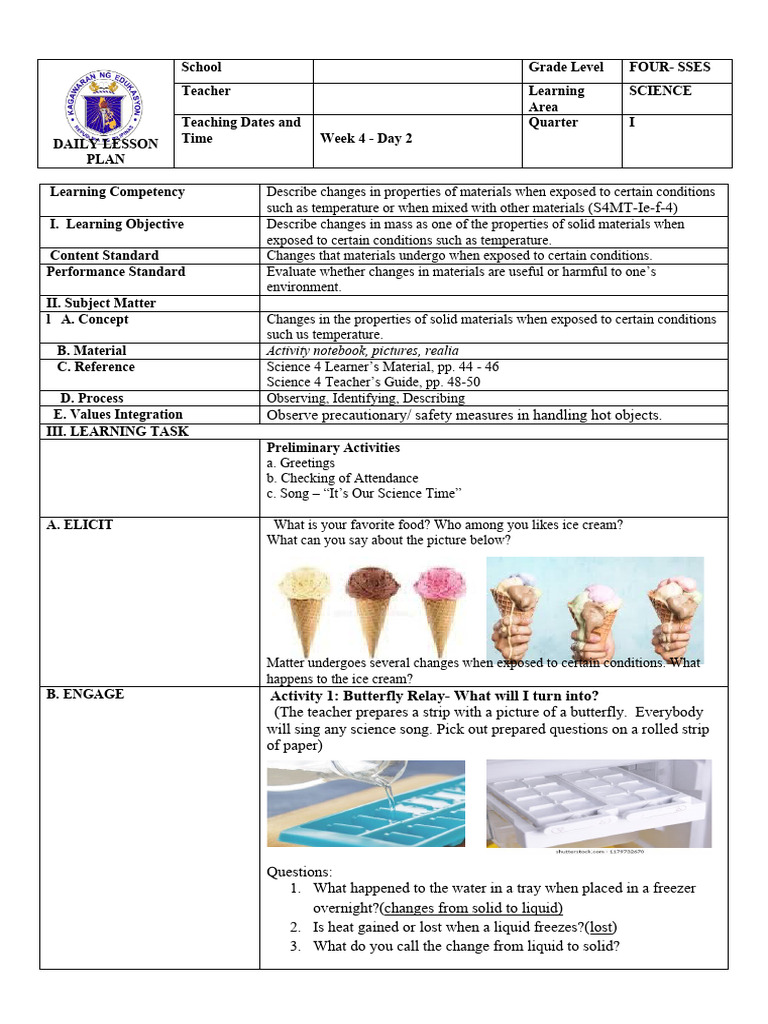 Science SSP 4 DLP Q1 WK 4 Day 2 | PDF | Ice | Water