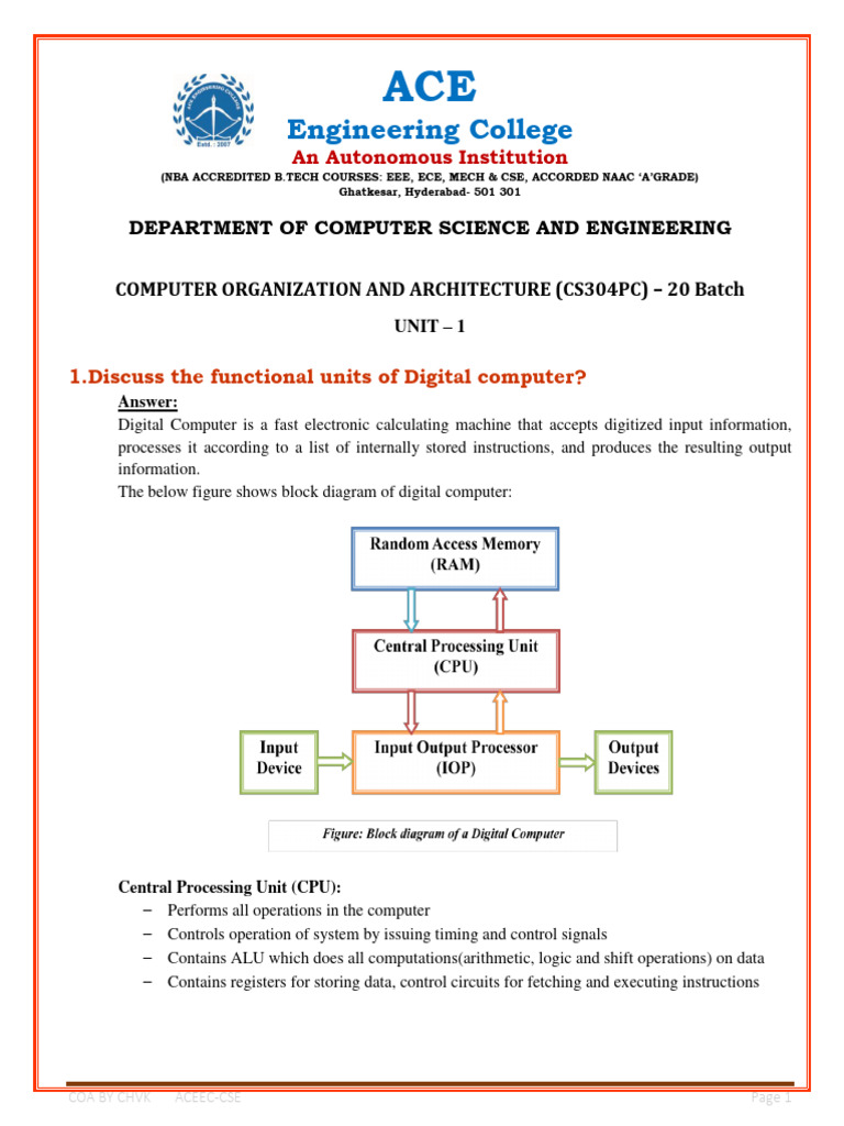 Coa Unit - 1 Important Questions | PDF | Central Processing Unit | Computer Science