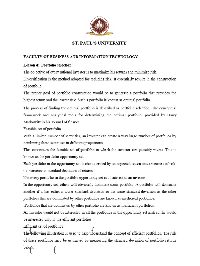 Lesson Four Portfolio Selection Pdf Capital Asset Pricing Model Modern Portfolio Theory