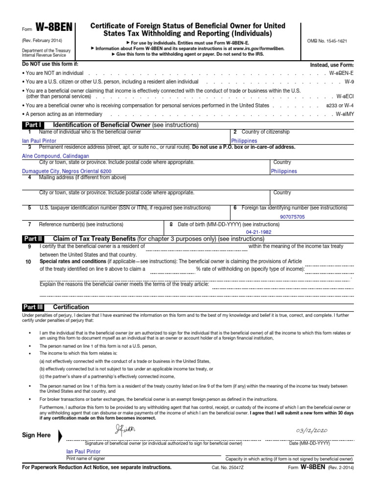 Blank W8BEN Form (For Individuals) | PDF | Irs Tax Forms | Public Finance