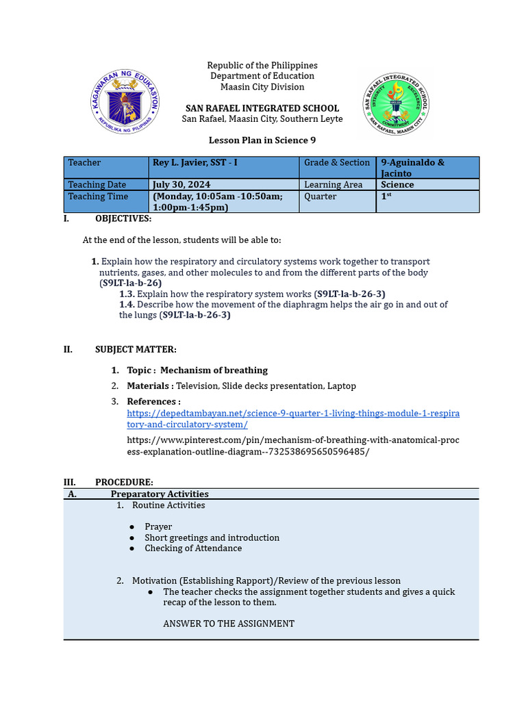Science 9 Lesson Plan: Breathing Mechanism | PDF | Breathing | Exhalation