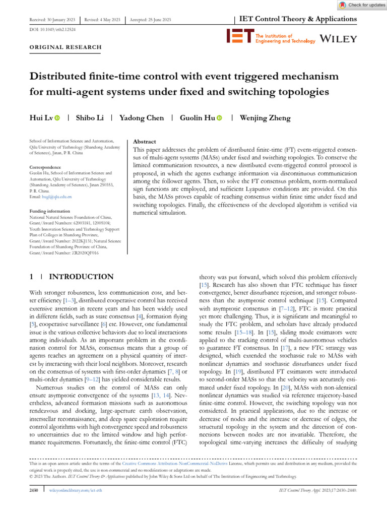 Iet Control Theory Appl 2023 Lv Distributed Finite Time Control With Event Triggered