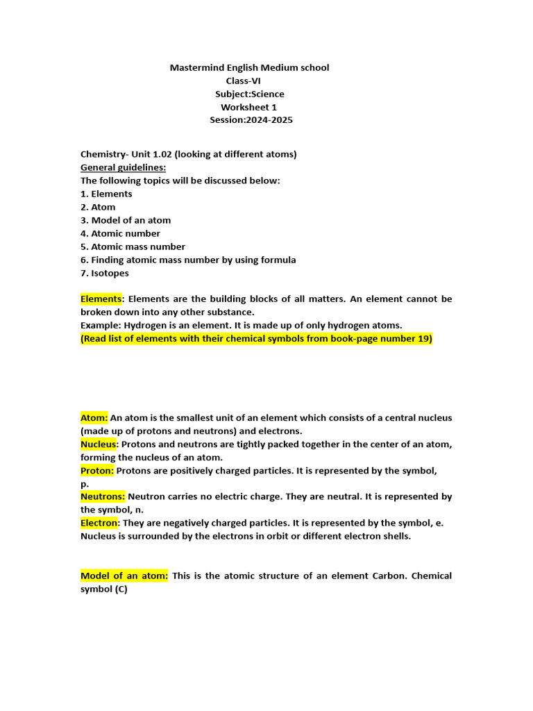 Class VI - Science - Worksheet - 1 | PDF | Atoms | Atomic Nucleus