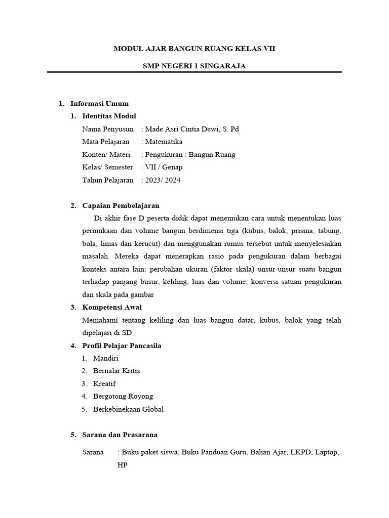 Rancangan Modul Ajar - Bangun Ruang - Bu Asri | PDF | Karier ...